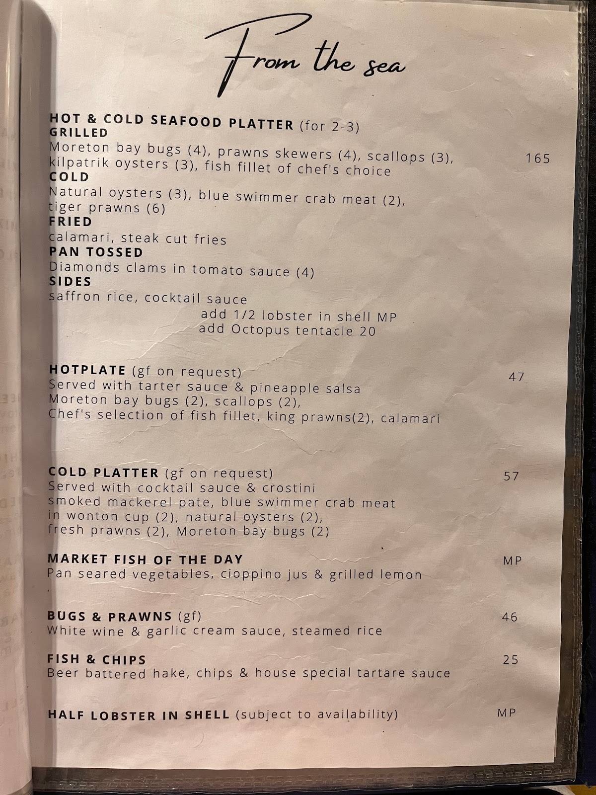 Menu at Sage Yellowfin restaurant, South Brisbane