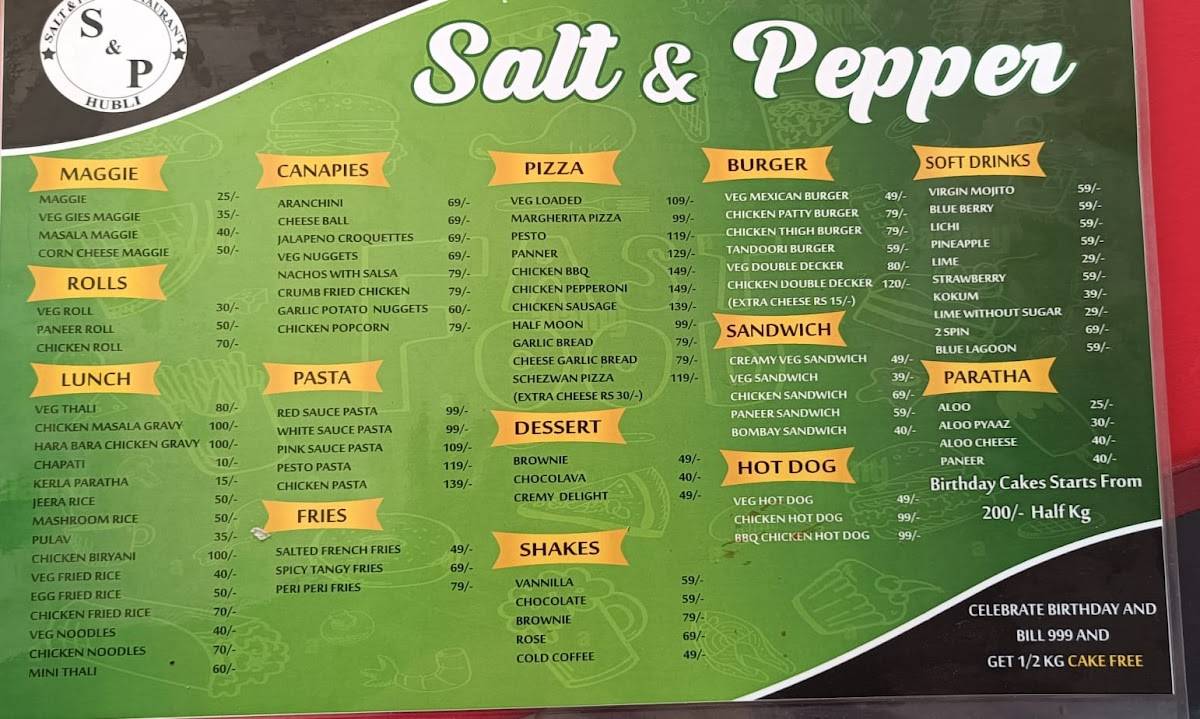 Menu at Salt & Pepper Restaurant, Hubballi