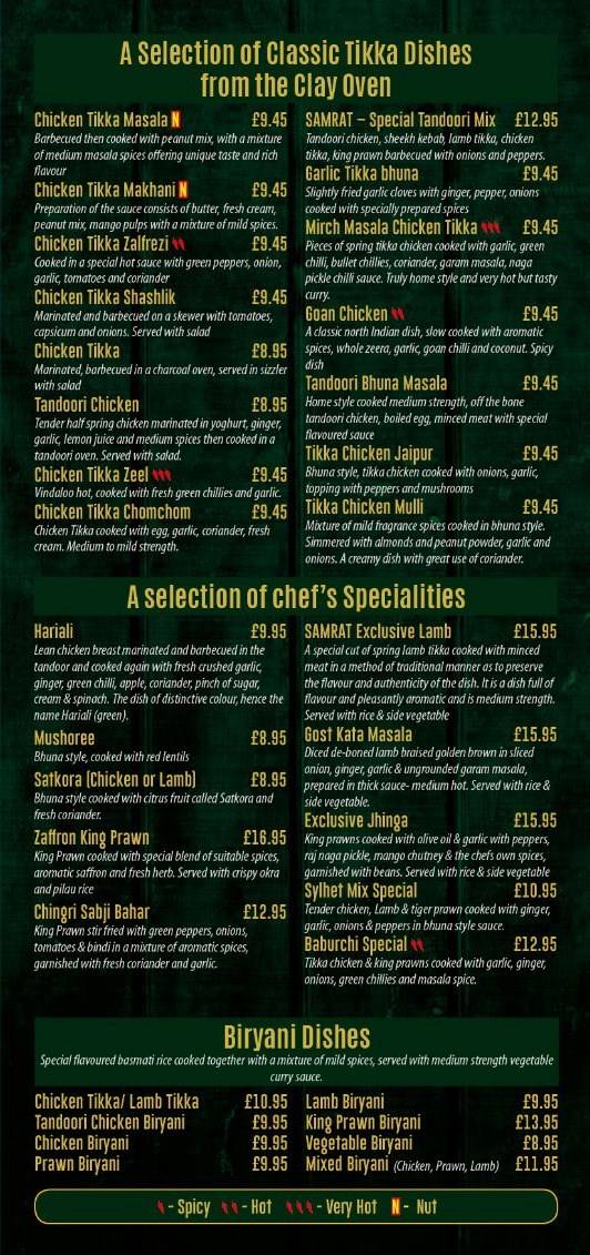 Menu at Samrat Indian Dining Room & Takeaway restaurant, Seaham