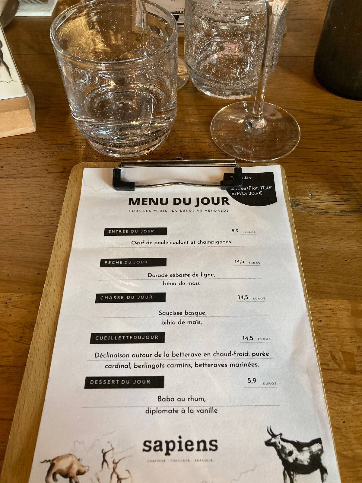 Menu at Sapiens restaurant, Toulouse