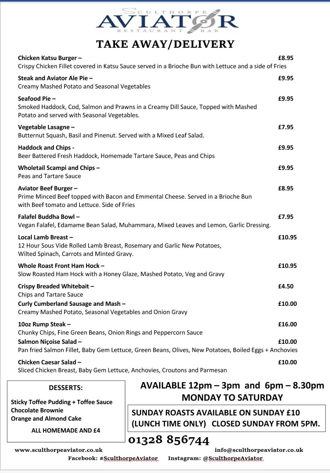 Menu at Sculthorpe Aviator restaurant, Fakenham