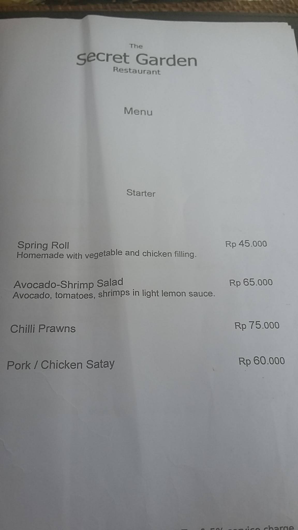Menu at Secret Garden Restaurant, Anturan