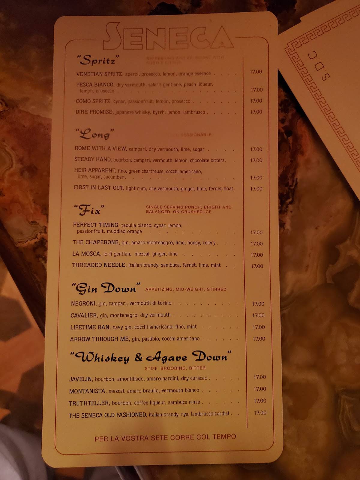 Menu at Seneca Trattoria restaurant, San Diego