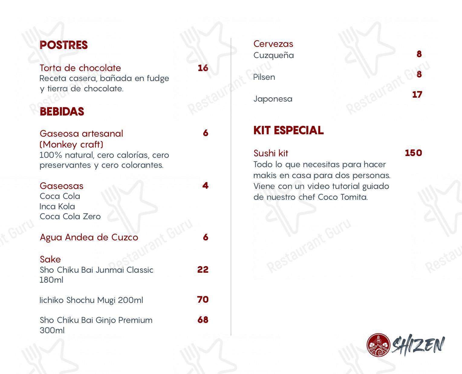 Carta de Shizen Restaurante Nikkei, San Isidro