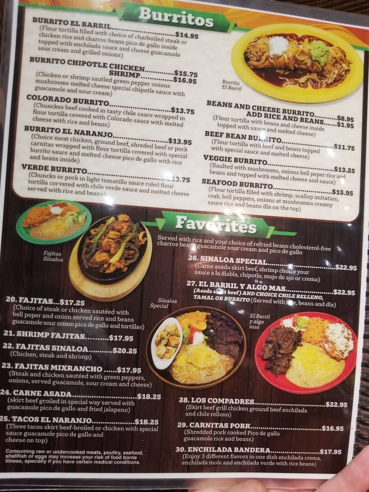 Menu at Sinaloa Mexican Restaurant, Clarkston