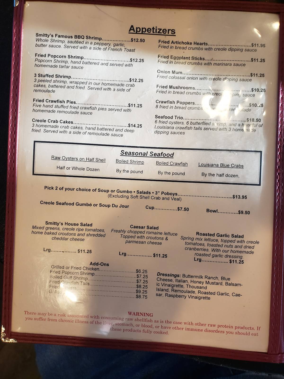 Menu at Smitty's Seafood restaurant, Kenner, W Esplanade Ave