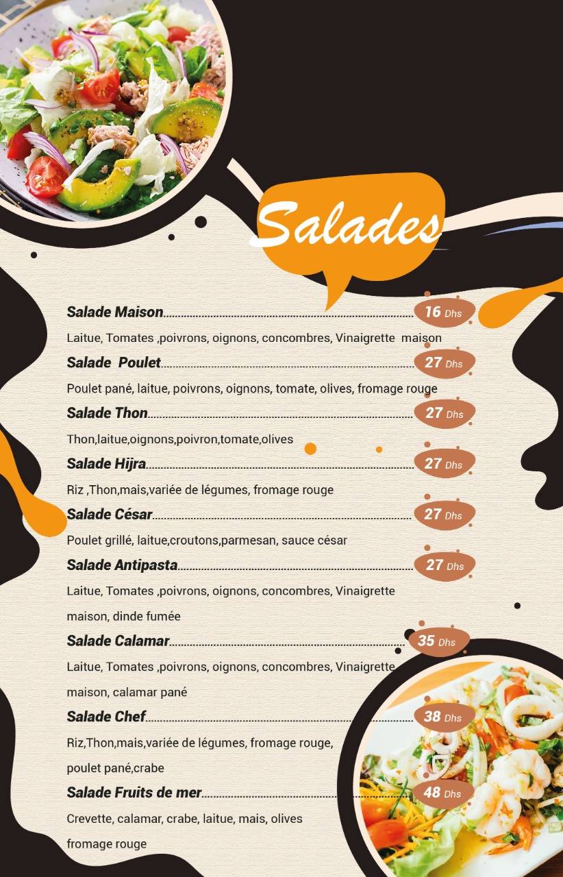 Menu at Snack Al hijra restaurant, Meknes