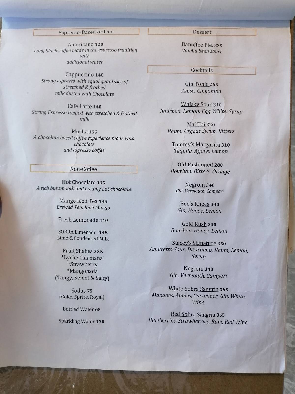 Menu at Sóbra Café restaurant, Muntinlupa