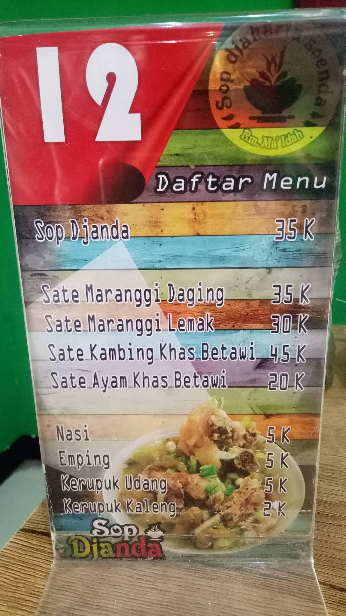 Carta del restaurante Sop Djanda Special Sate Maranggi Sentul, Indonesia