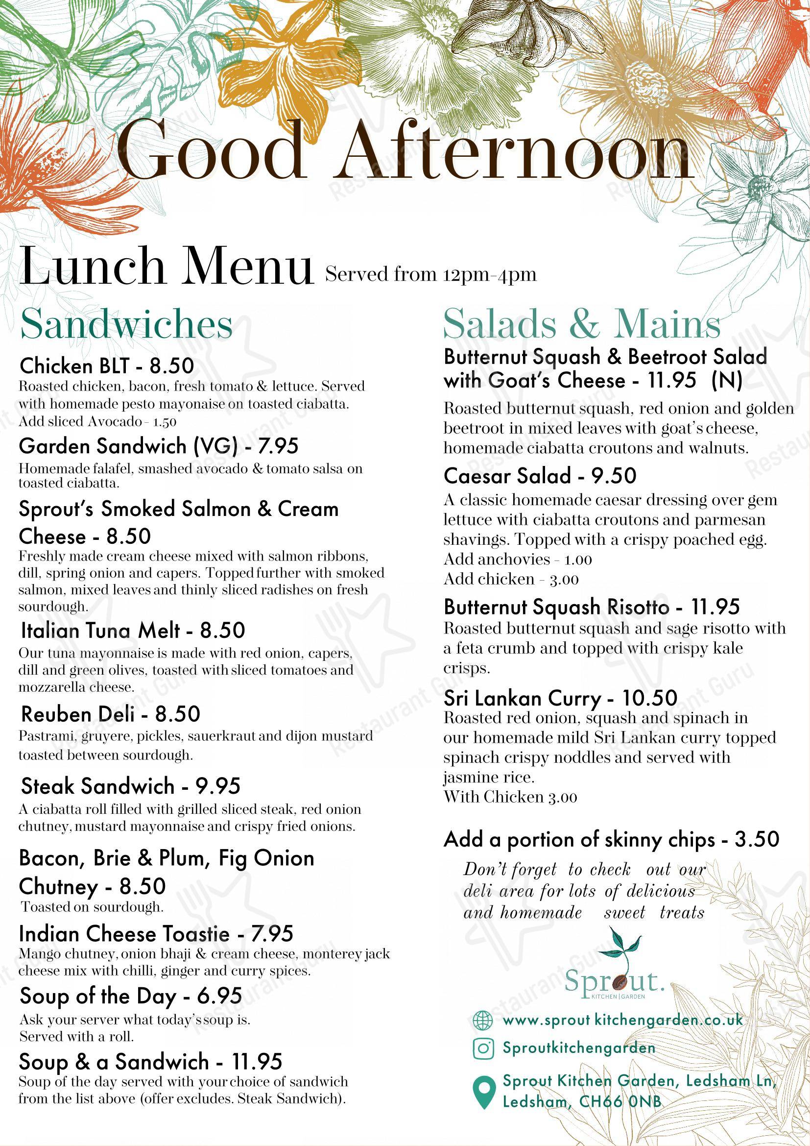 Menu at Sprout Kitchen Garden restaurant, Ellesmere Port