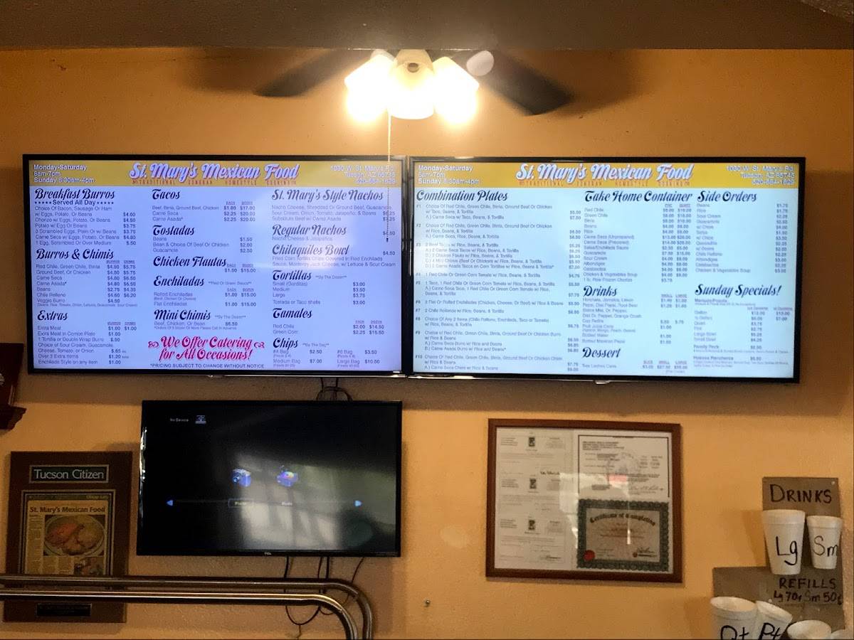 Menu at St. Mary's Mexican Food restaurant, Tucson