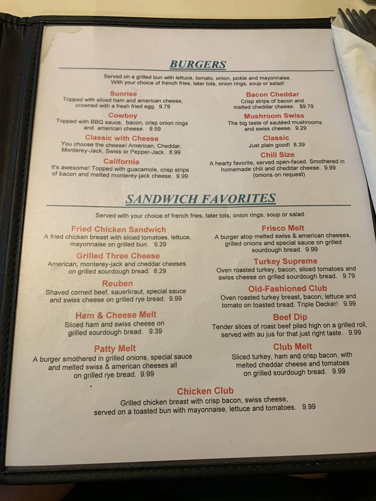 Menu at Sunrise Inn restaurant, Nampa