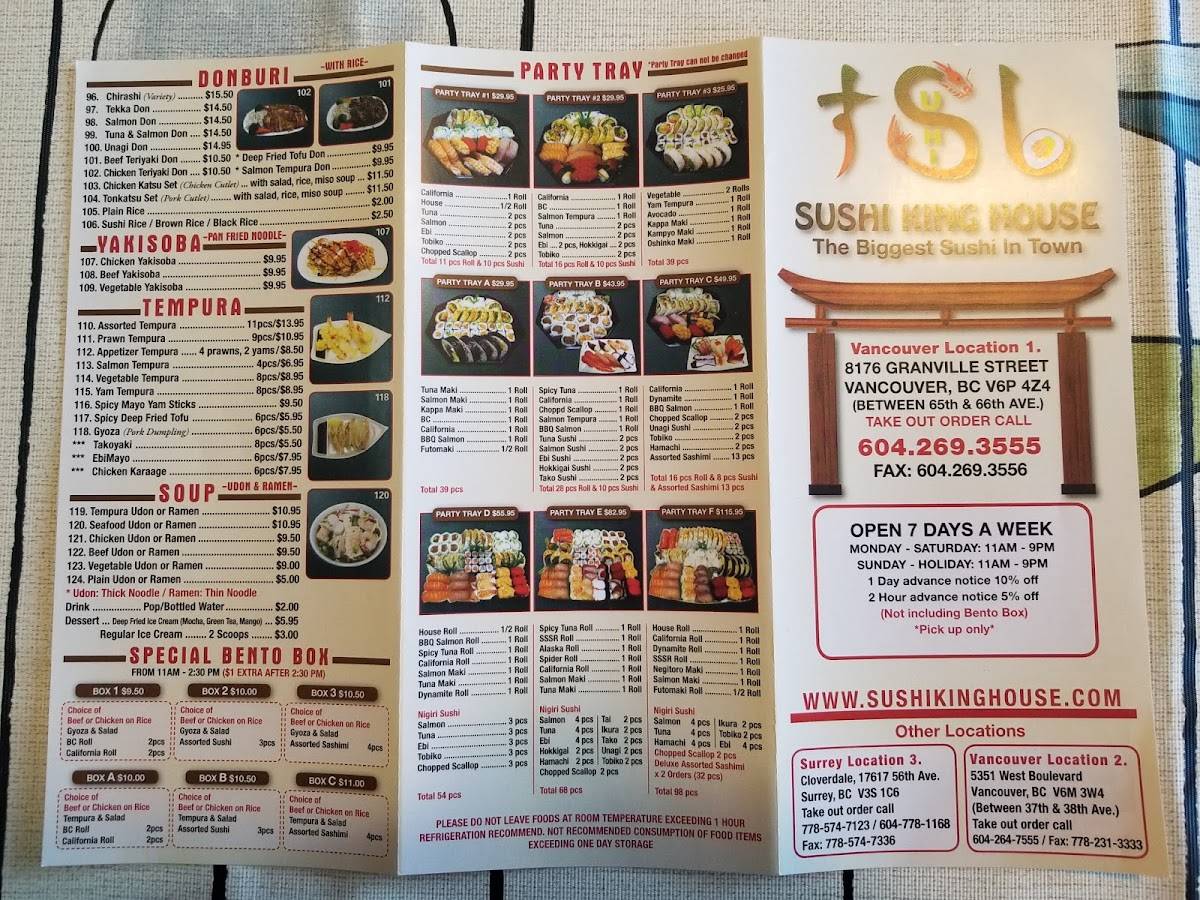 Menu at Sushi King House restaurant, Vancouver, Granville St