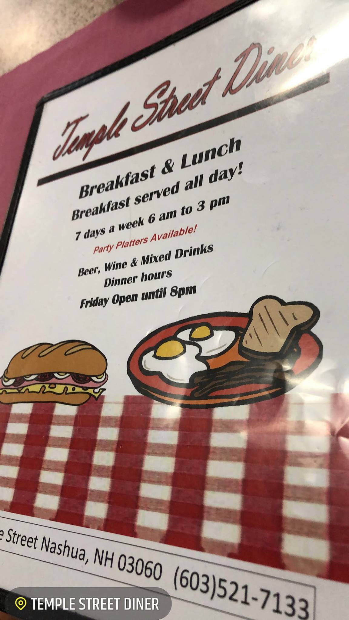 Menu at Temple Street Diner restaurant, Nashua