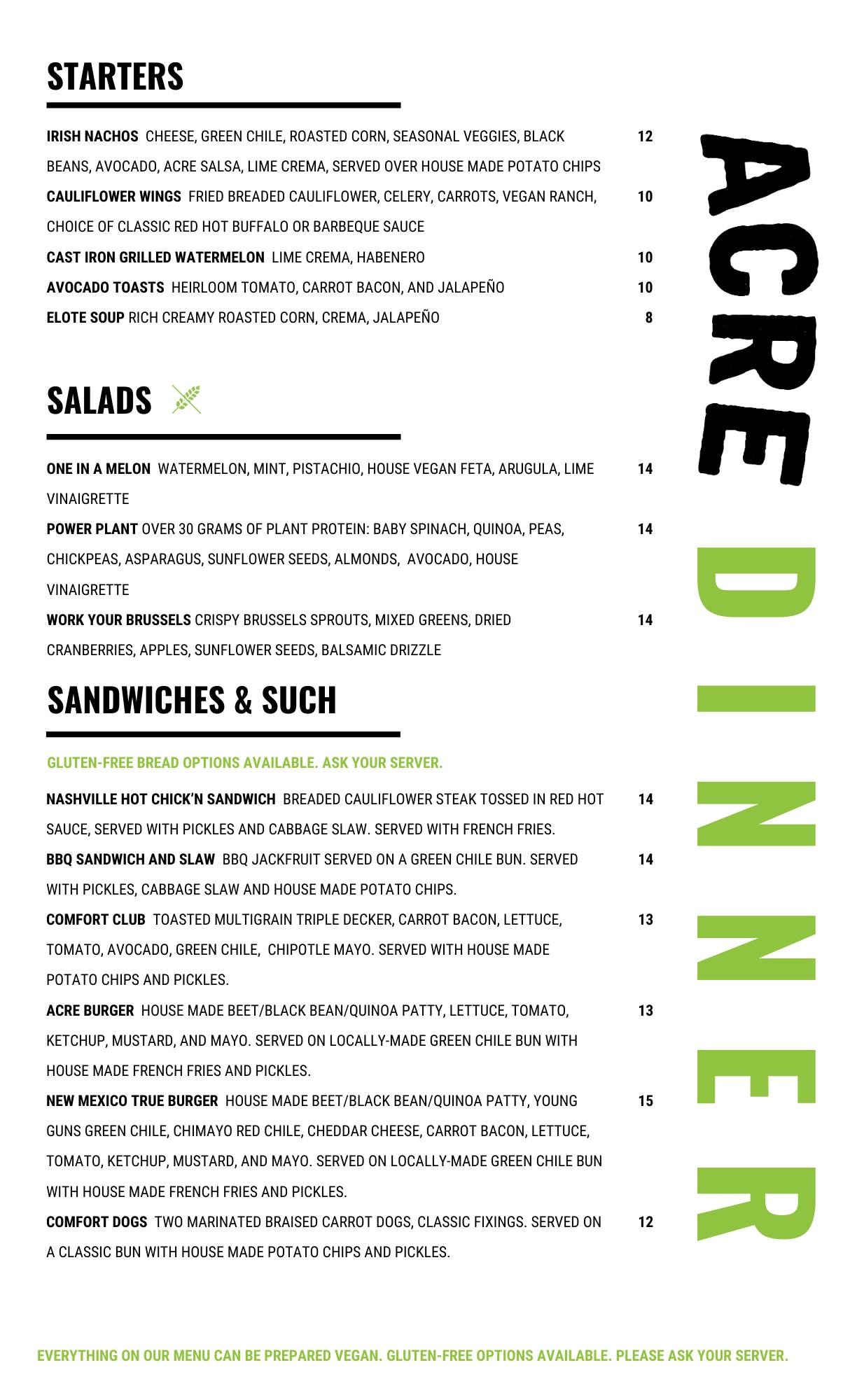 Menu at The Acre restaurant, Albuquerque