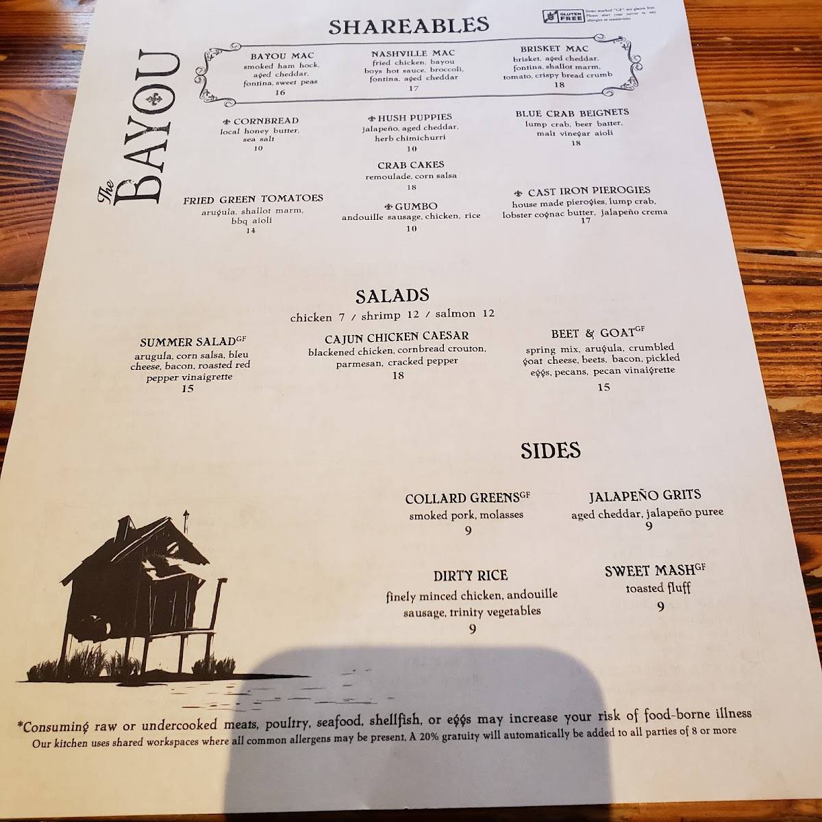 Menu at The Bayou restaurant, Bethlehem