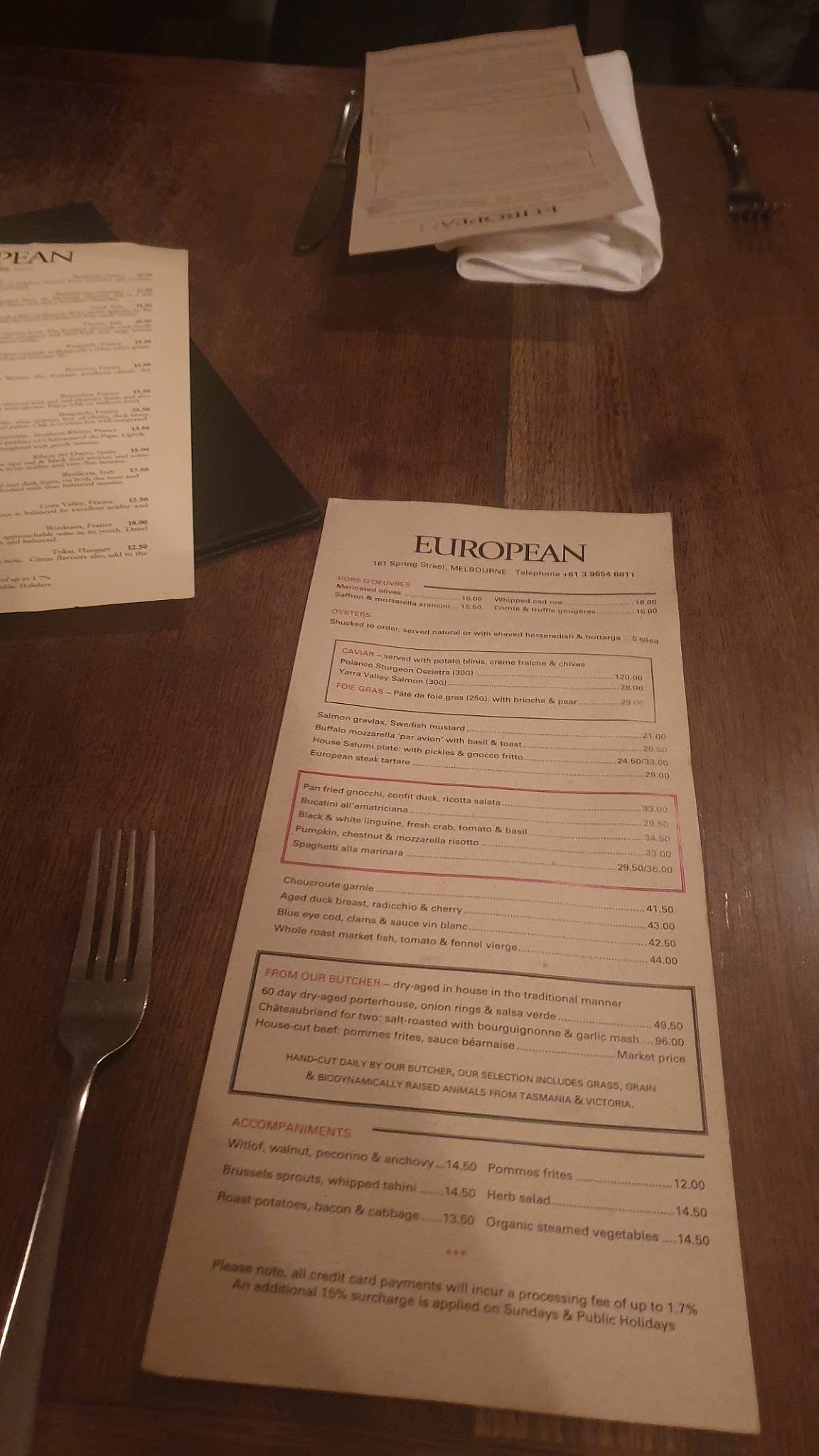 Menu at The European restaurant, Melbourne