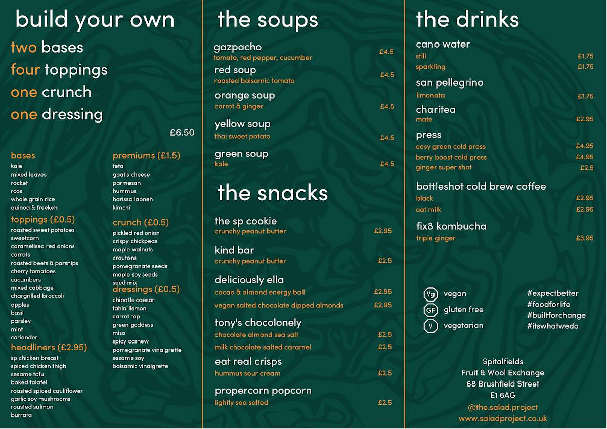 Menu at The Salad Project - Spitalfields restaurant, London