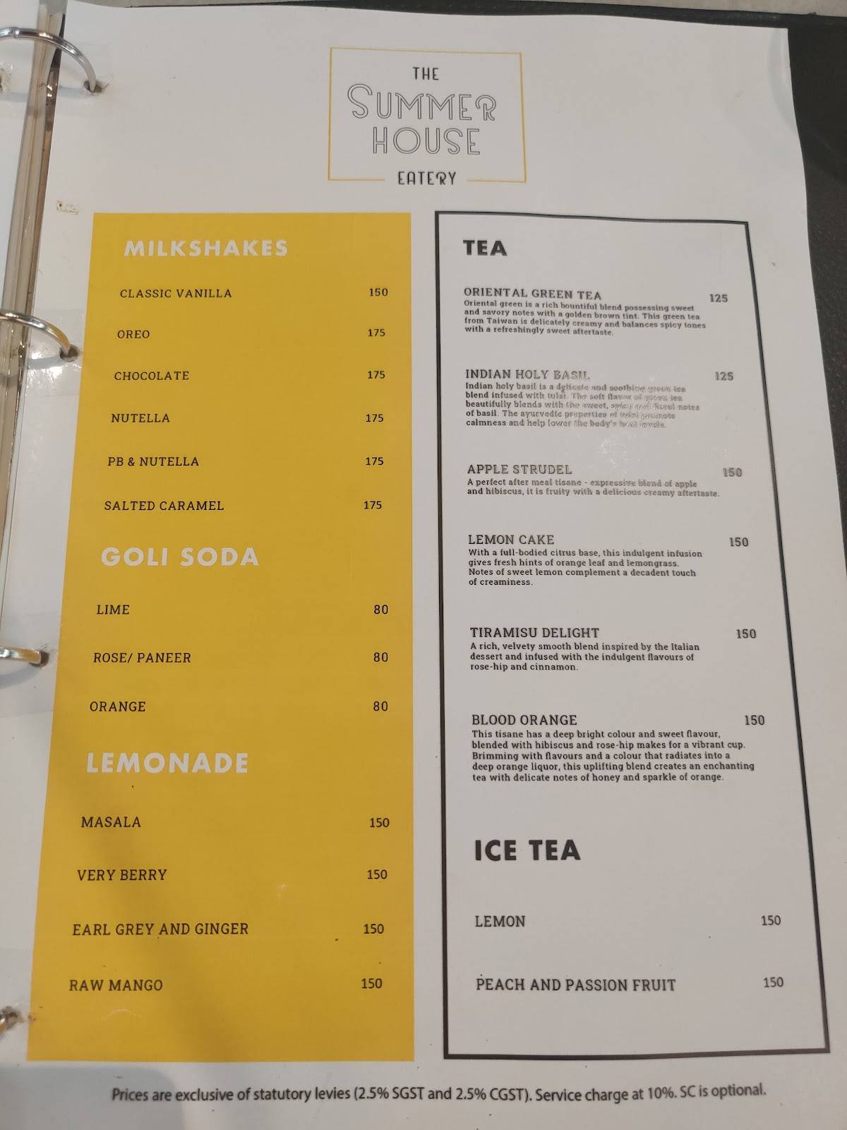 Menu at The Summer House Eatery, Chennai