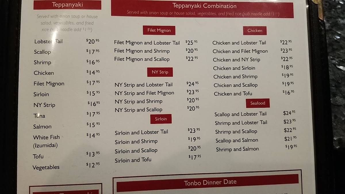 Menu at Tonbo Hibachi Grille restaurant, Port Richey, U.S. Hwy 19