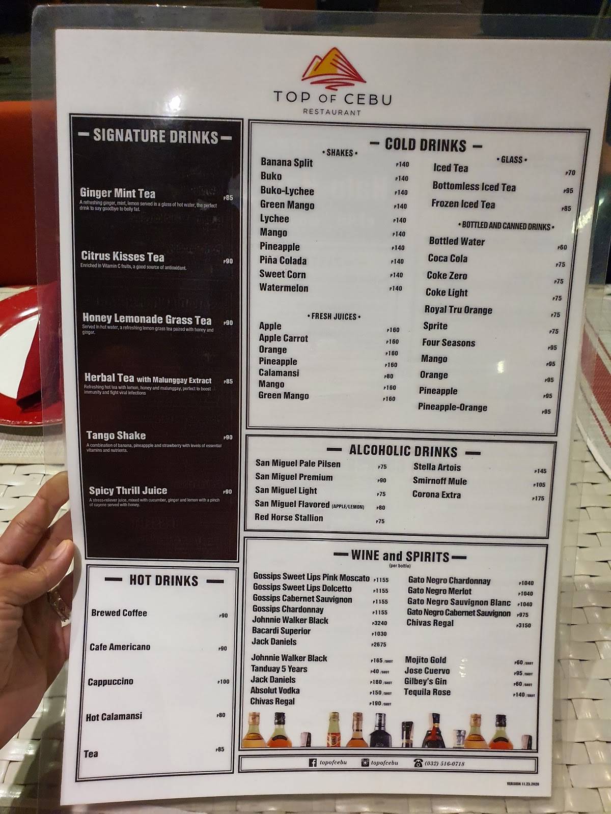 Menu at Top of Cebu restaurant, Cebu City