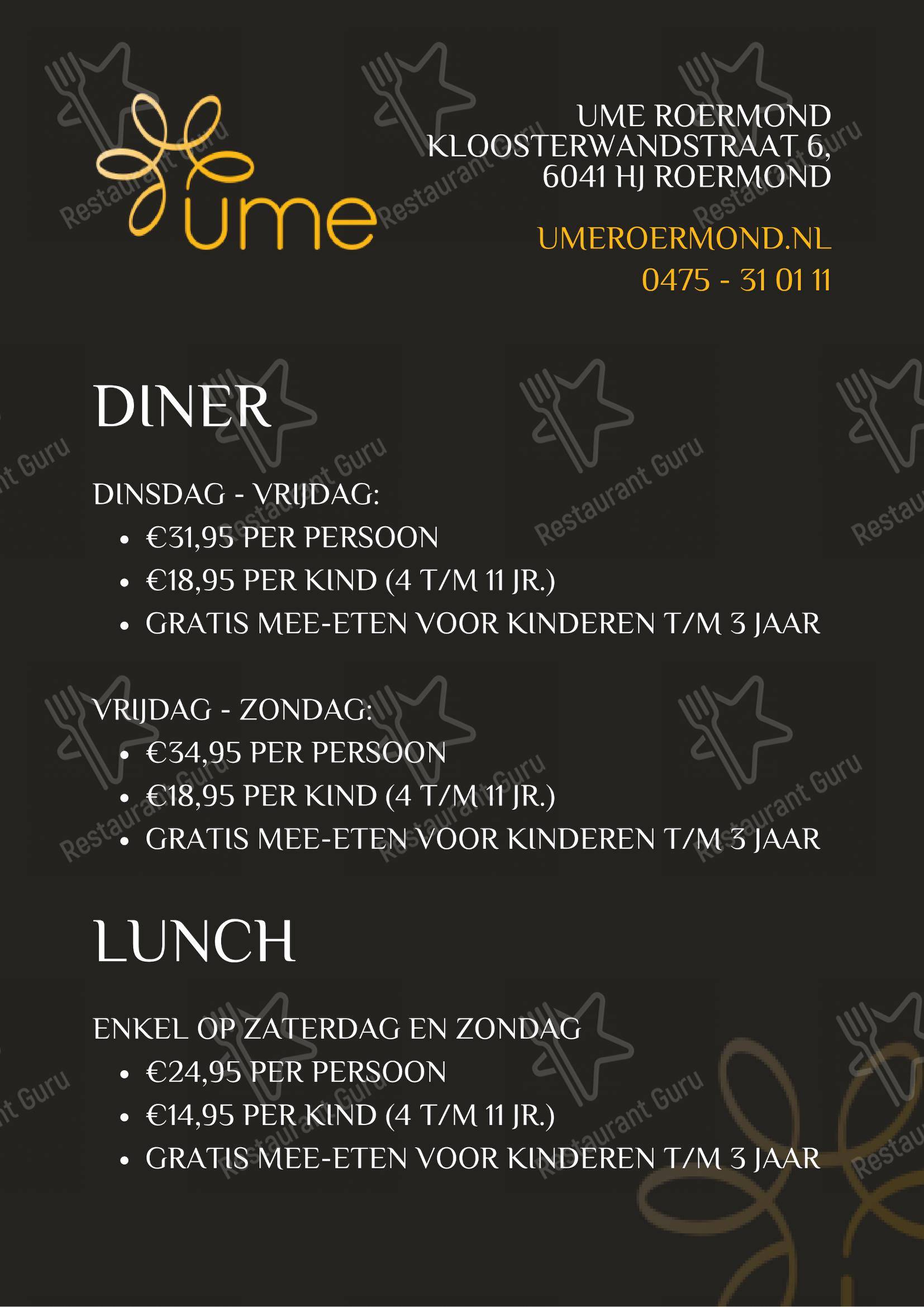 Menu at Restaurant Ume Roermond, Roermond