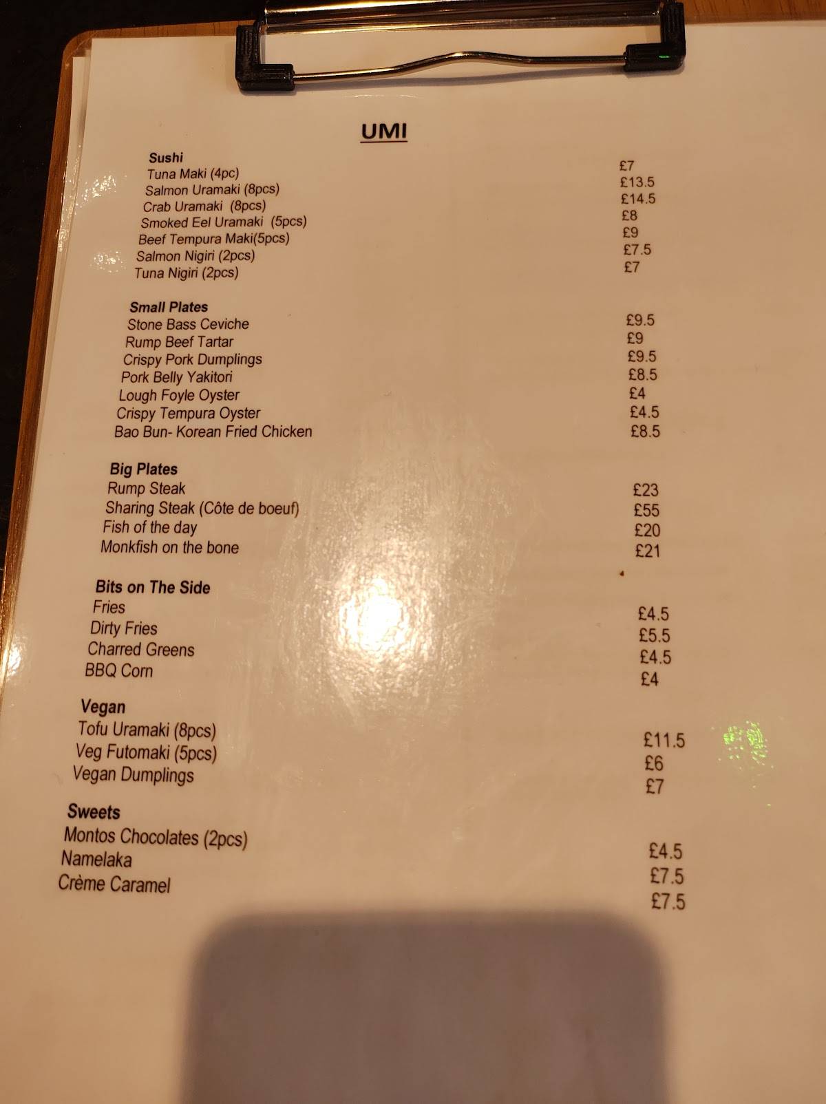 Menu at Umi restaurant, Londonderry