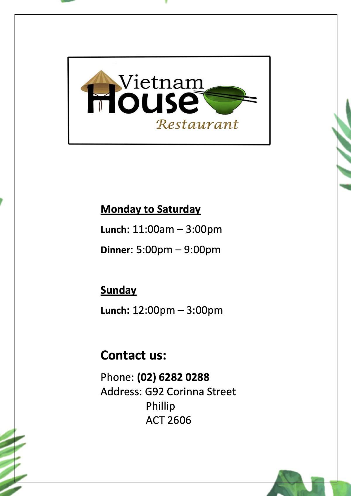 Menu at Vietnam House restaurant, Phillip