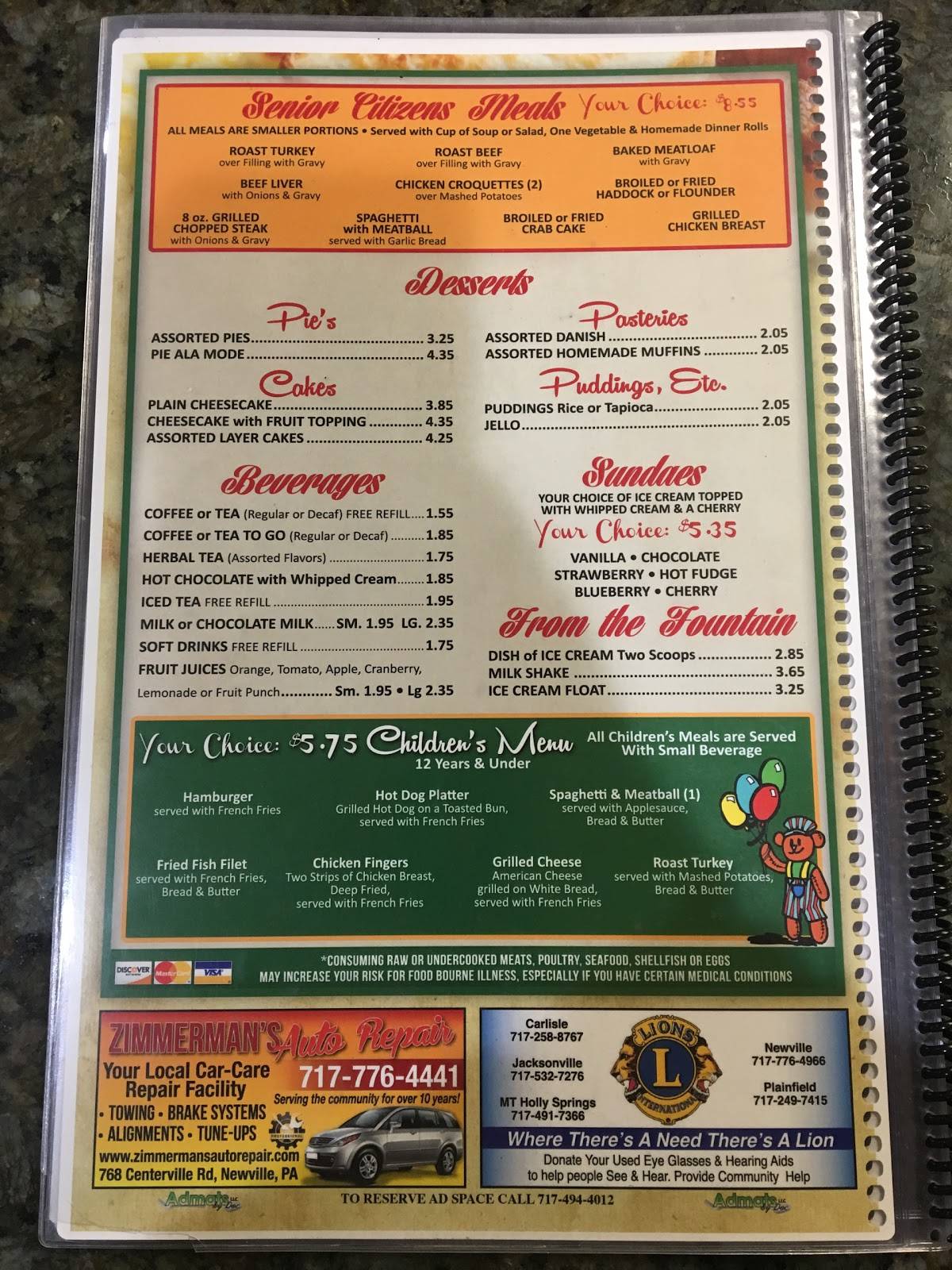 Menu at Walnut Bottom Diner restaurant, Carlisle