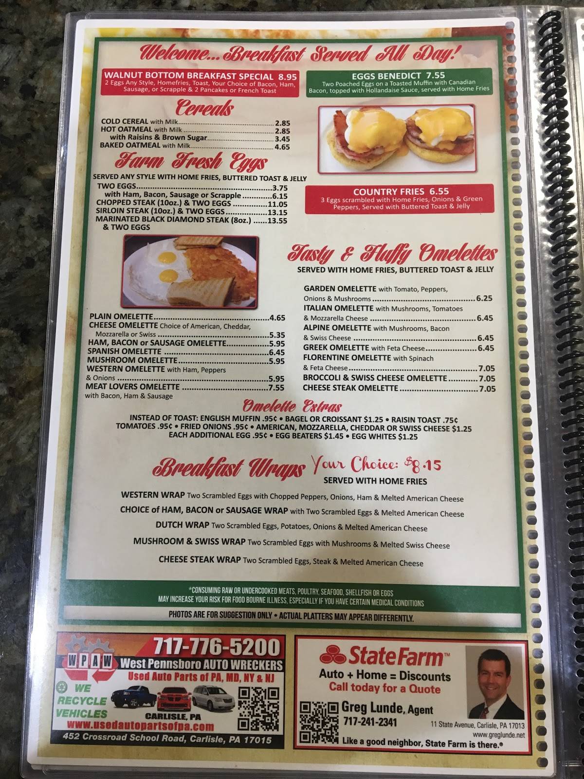 Menu at Walnut Bottom Diner restaurant, Carlisle