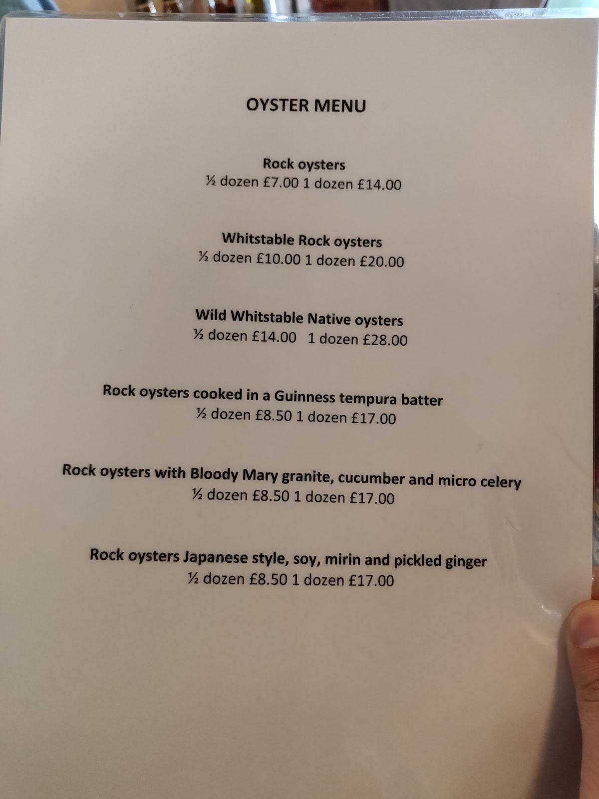 Menu at Wheelers Oyster Bar, Whitstable