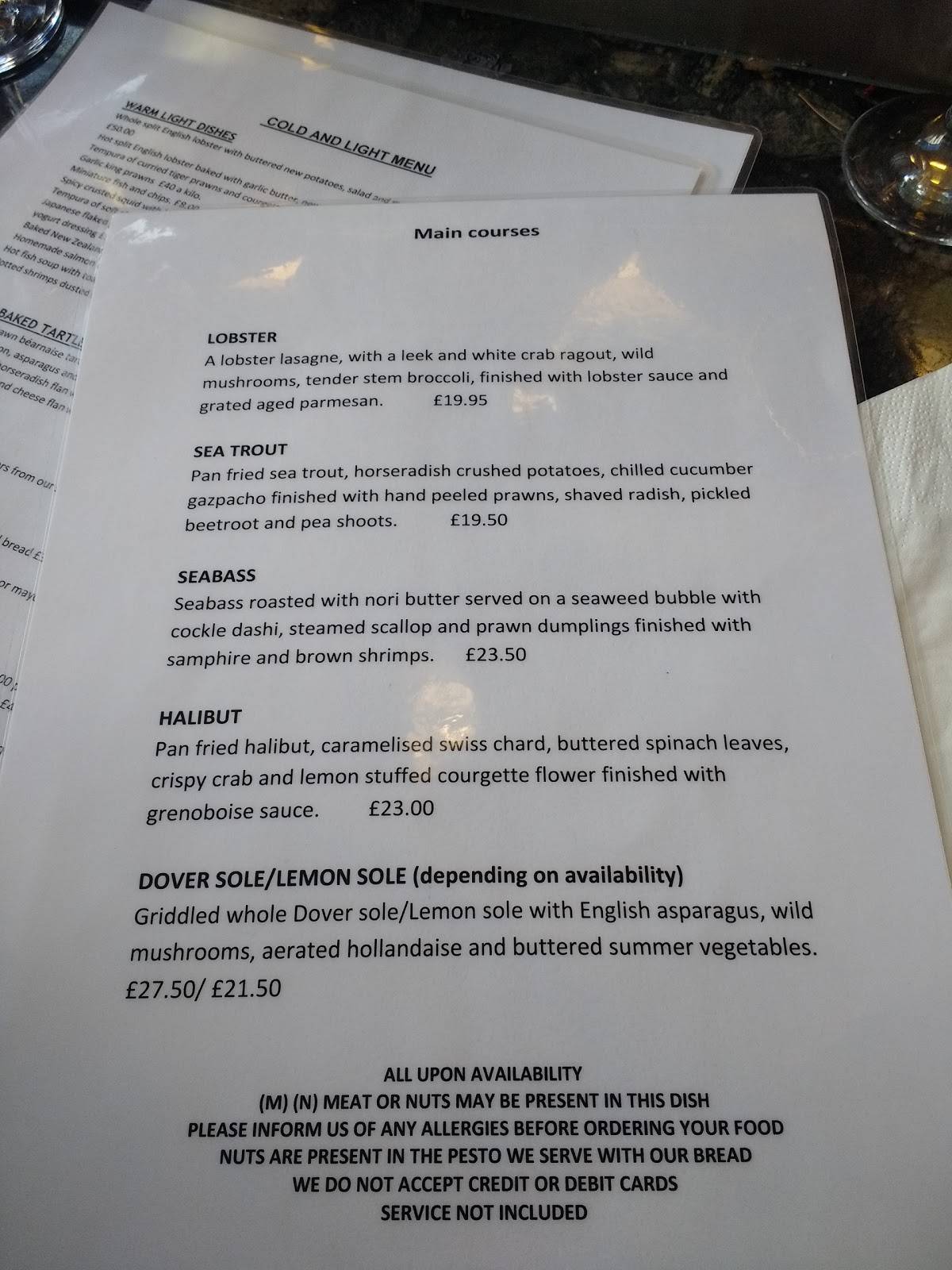 Menu at Wheelers Oyster Bar, Whitstable