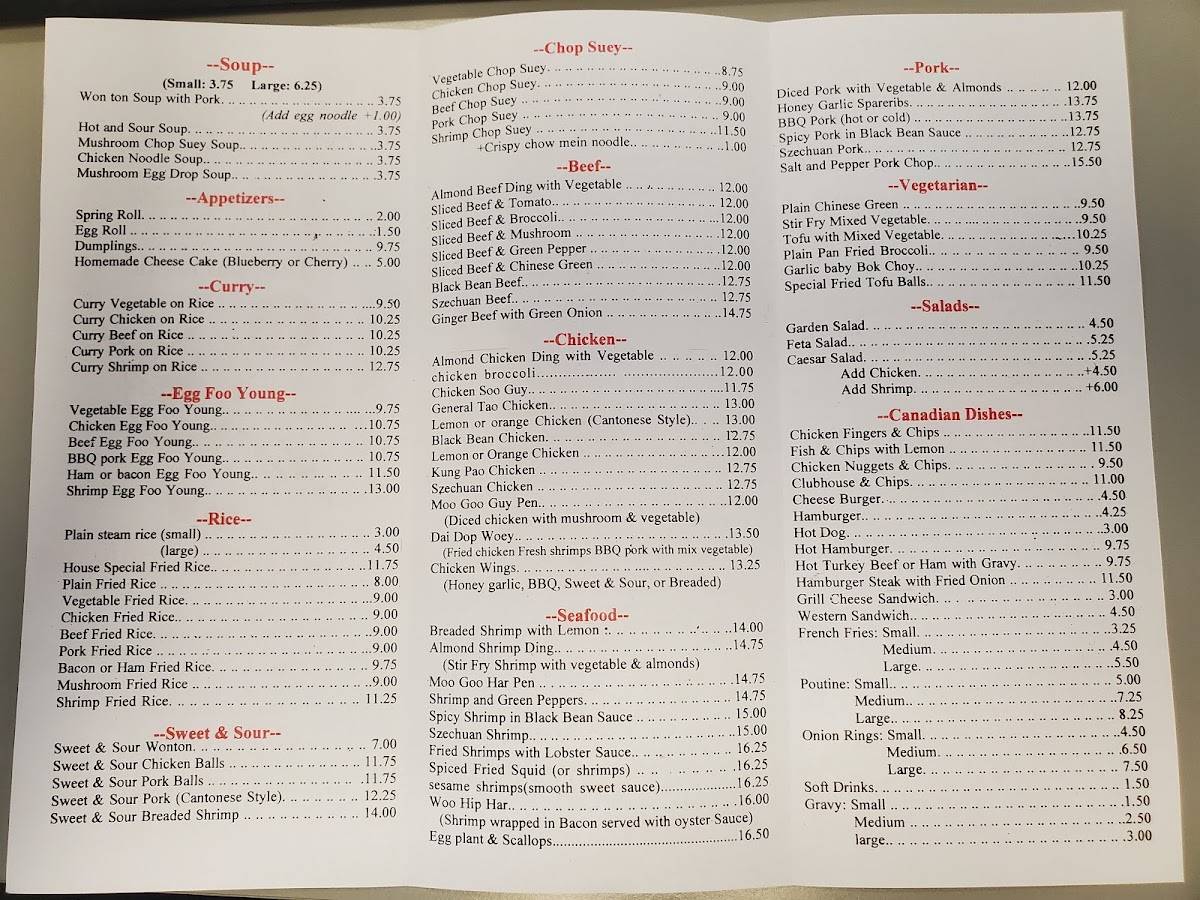 Menu at Wong's Garden Restaurant, Kingston