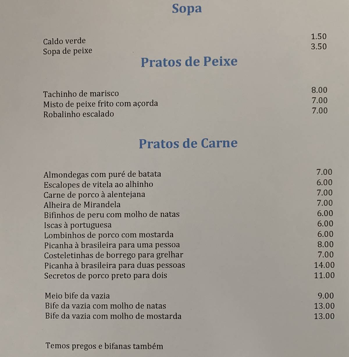 Menu at O Xico restaurant, Paço de Arcos