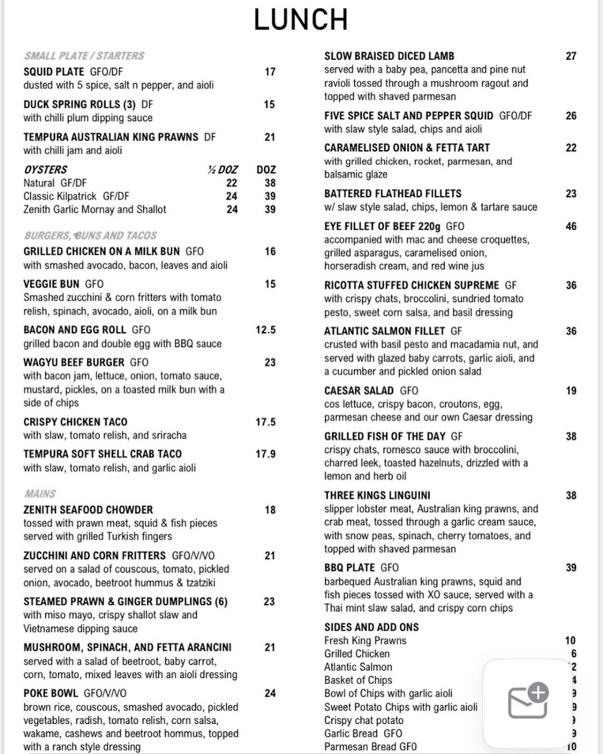 Menu at Zenith Cafe, Restaurant and Bar, Shoal Bay