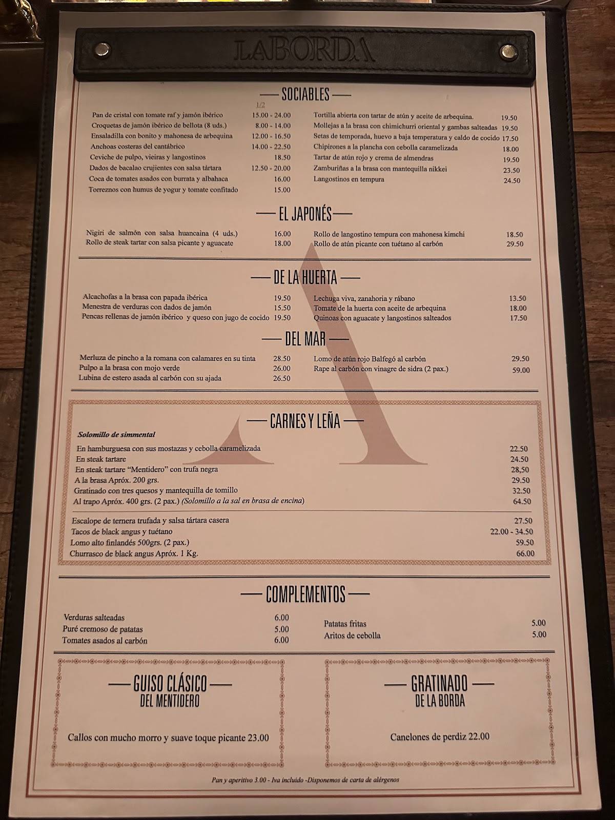 Carta de Restaurante La Borda del Mentidero, Madrid