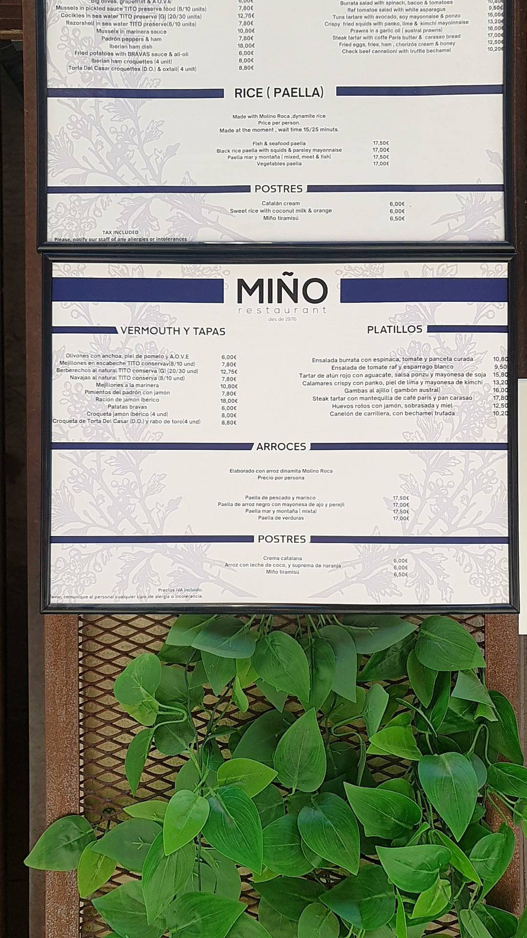 Menu at Restaurante Miño, Barcelona, C/ del Carme