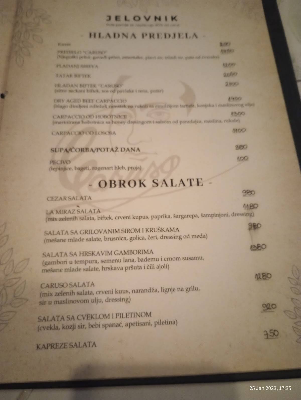 Menu at Restoran Caruso restaurant, Belgrade