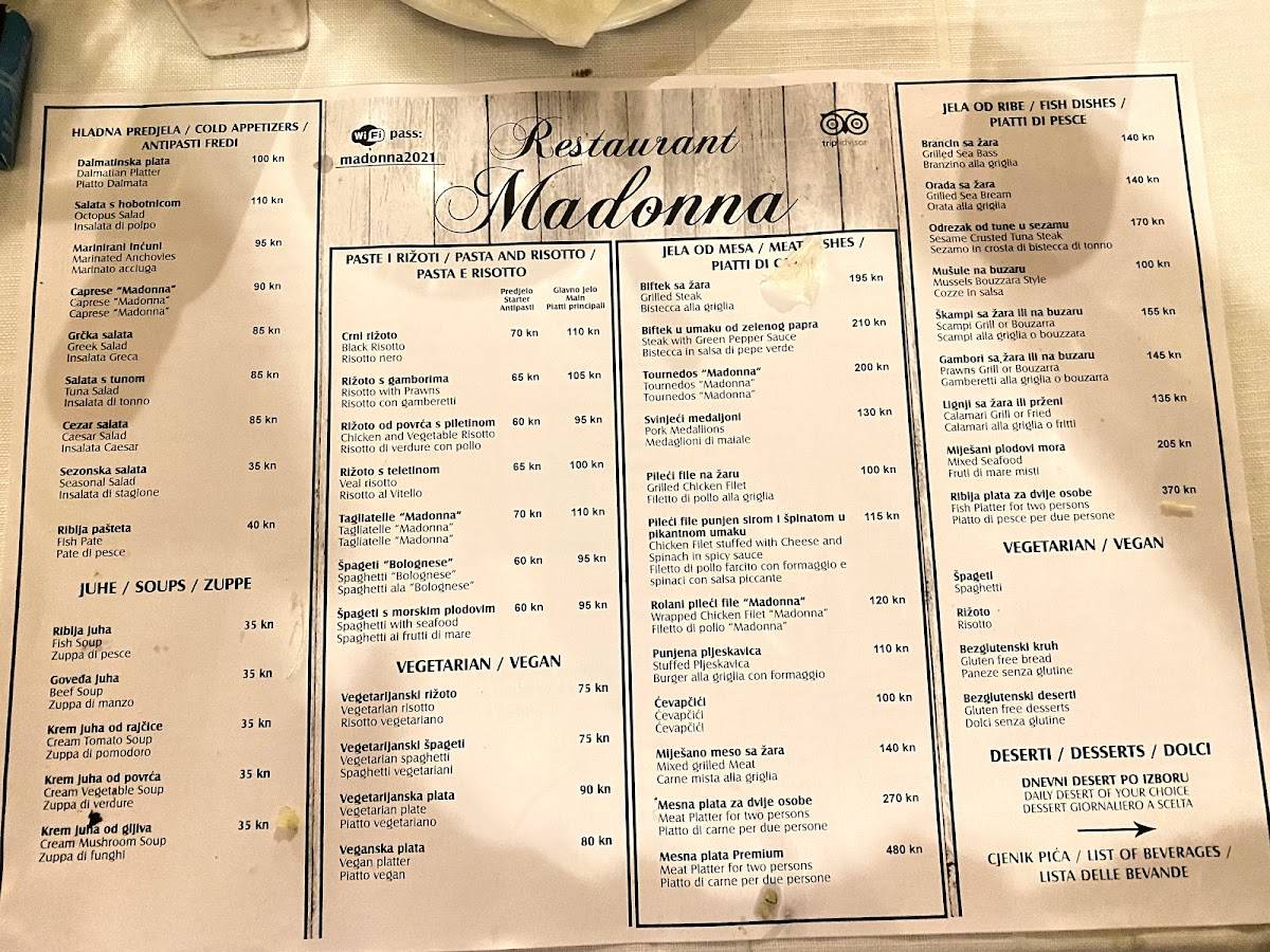 Menu at Restoran Madonna restaurant, Dubrovnik