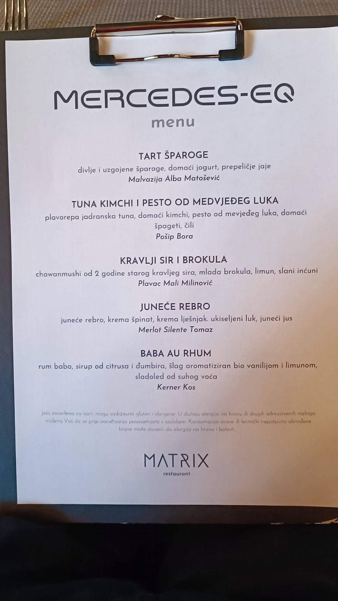 Menu au Restoran Matrix restaurant, Zagreb