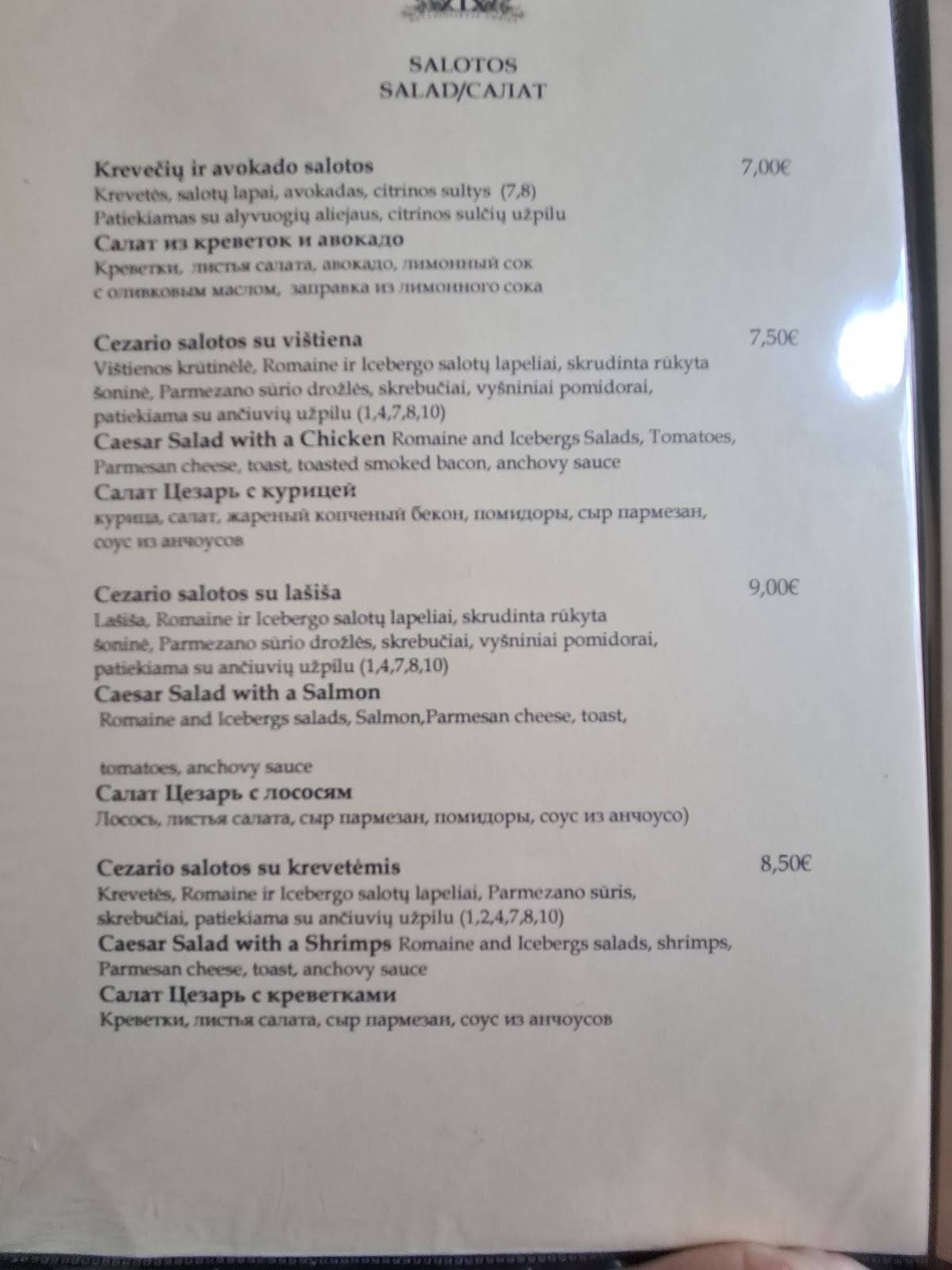 Menu at Restoranas XIX amžius restaurant, Klaipėda