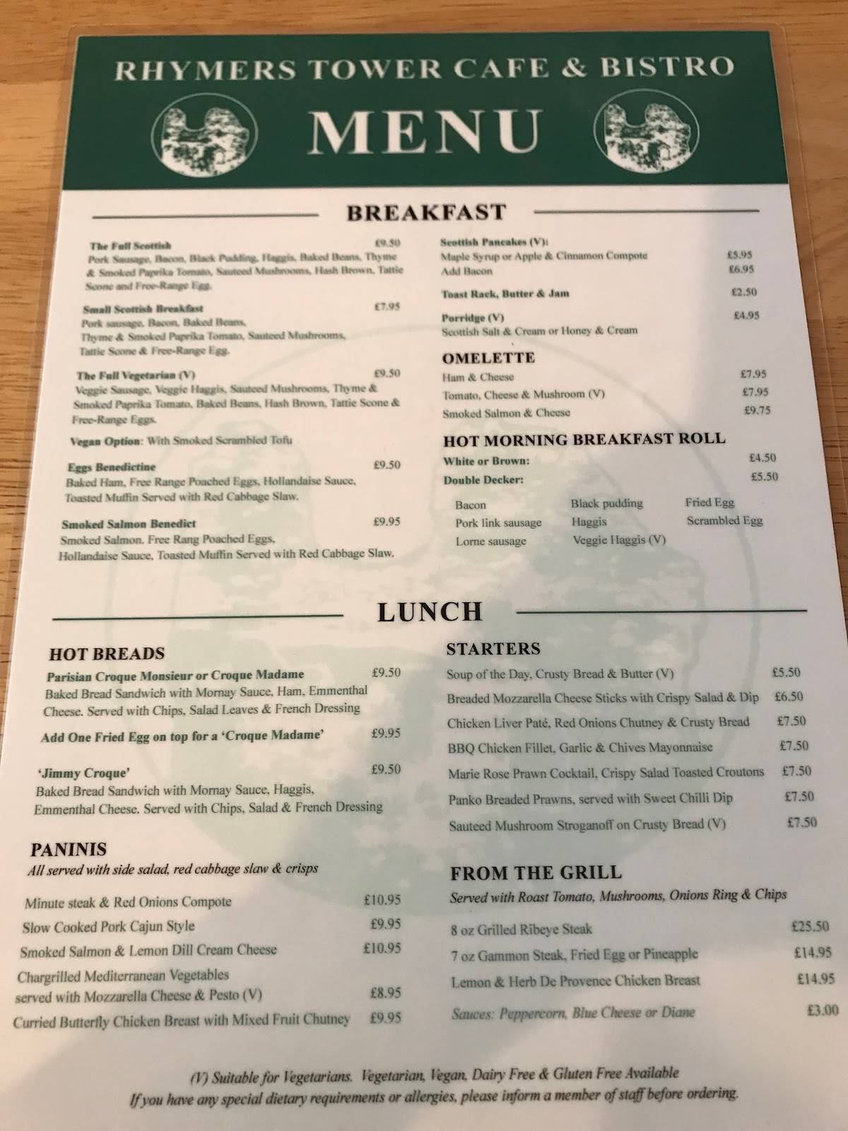 Menu at Rhymers Tower Coffee Shop and Restaurant, Earlston