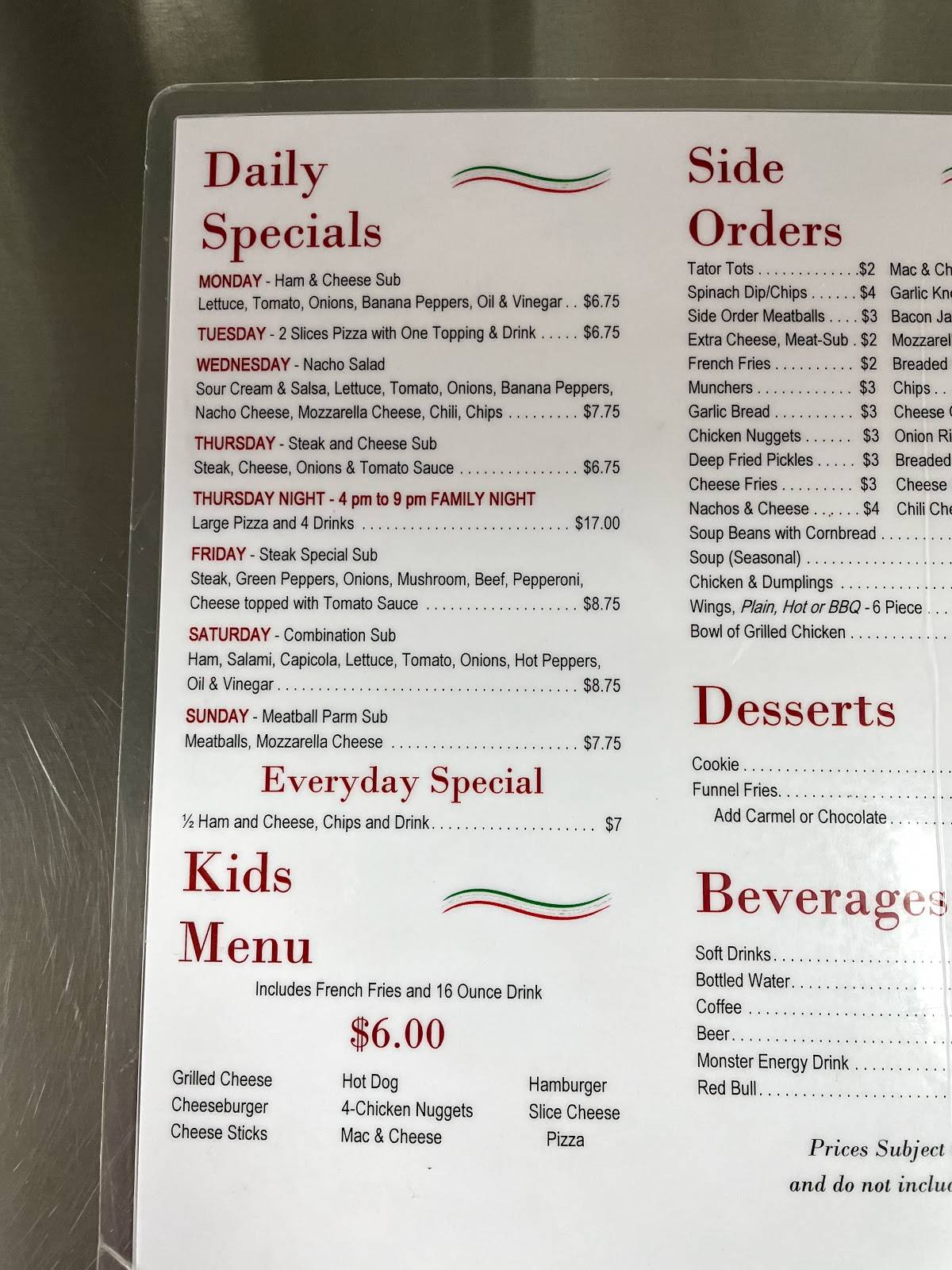 Menu at Italian Village pizzeria, Richlands, Cedar Valley Dr