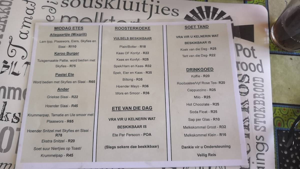 Menu at Rietfontein Padstal Leeu-Gamka restaurant, South Africa