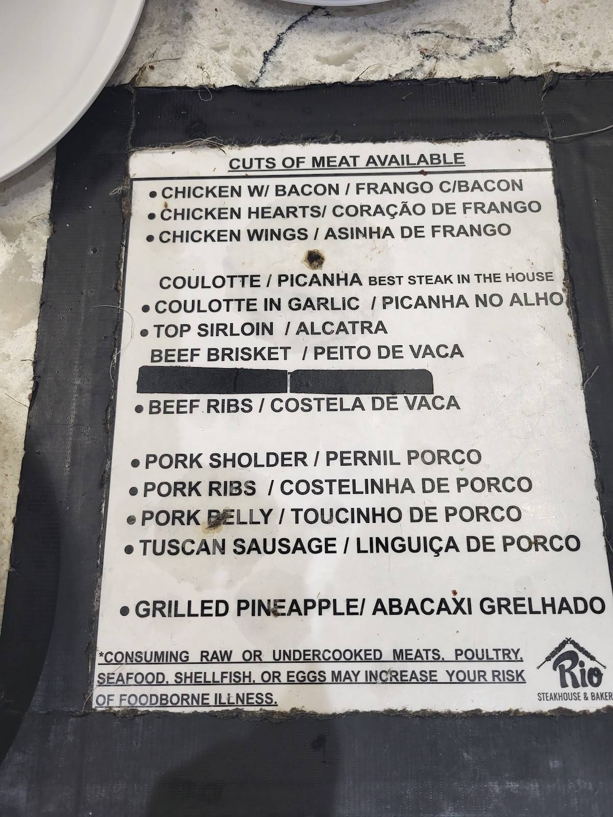 Menu at Rio Steakhouse and Bakery, Marietta