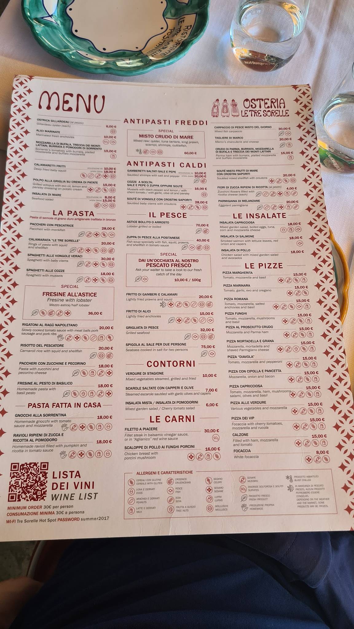 Menu da Ristorante Le Tre Sorelle Positano, Positano, Via del Brigantino