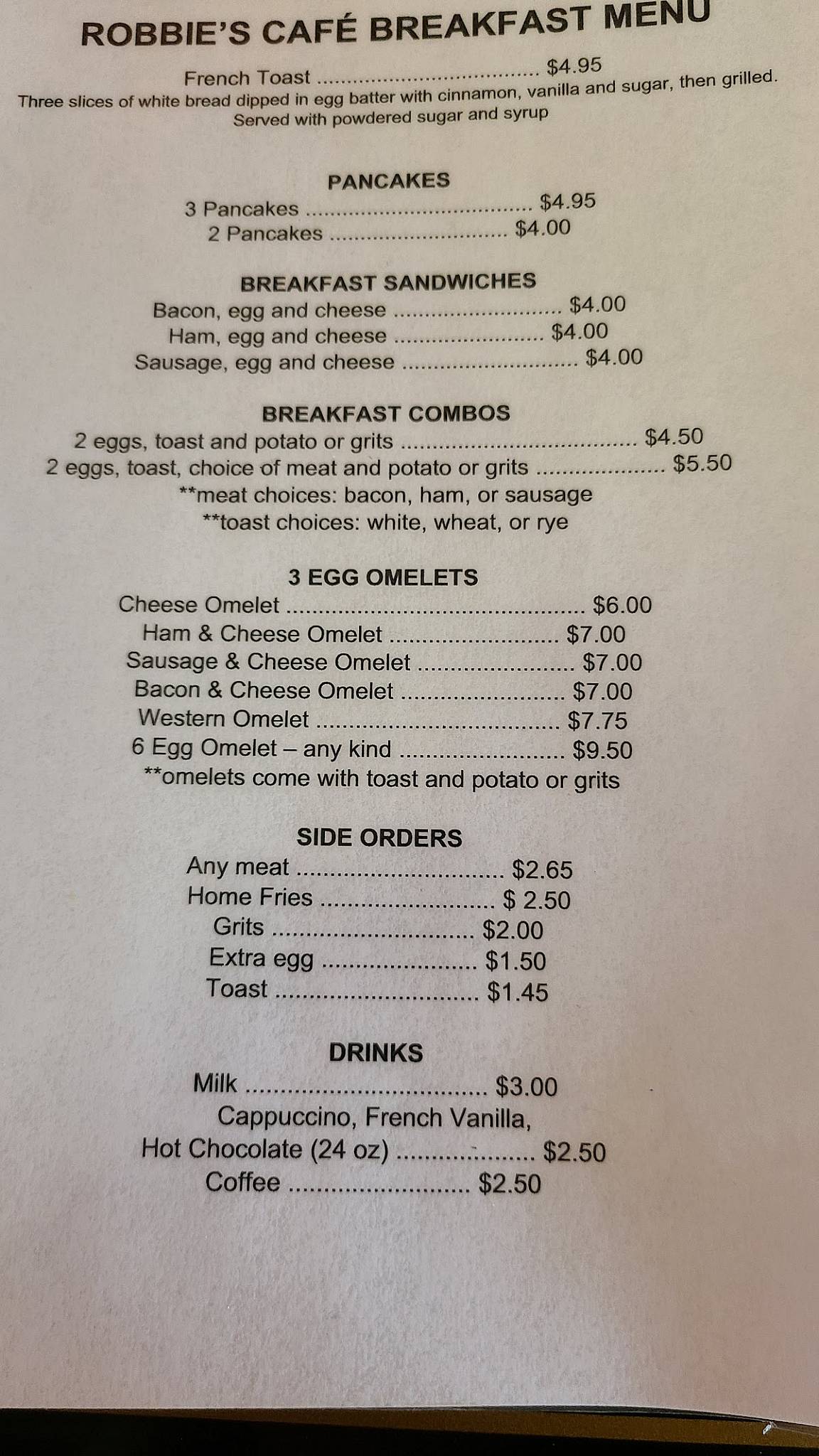 Menu at Robbie's Cafe, Live Oak