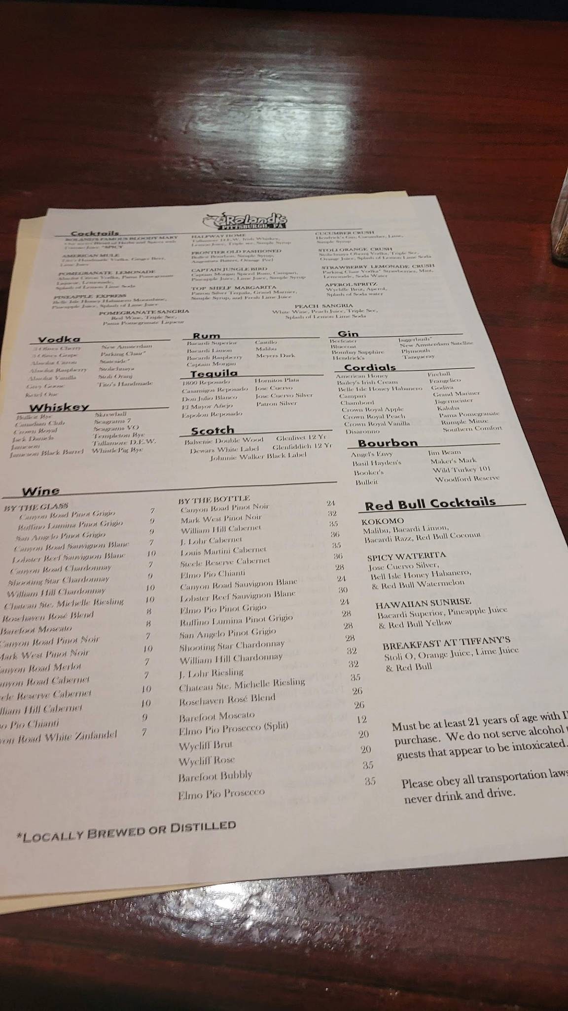 Menu at Roland's Seafood Grill restaurant, Pittsburgh