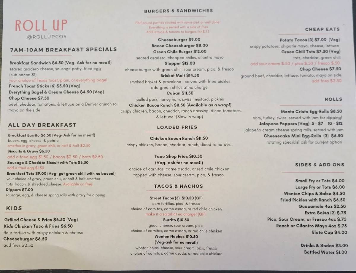 Menu at Roll Up restaurant, Colorado Springs