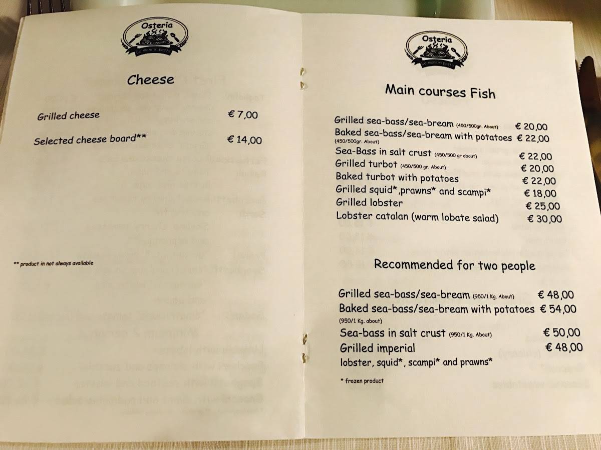 Menu at Ristorante le Mani in Pasta, Rome, Via dei Genovesi